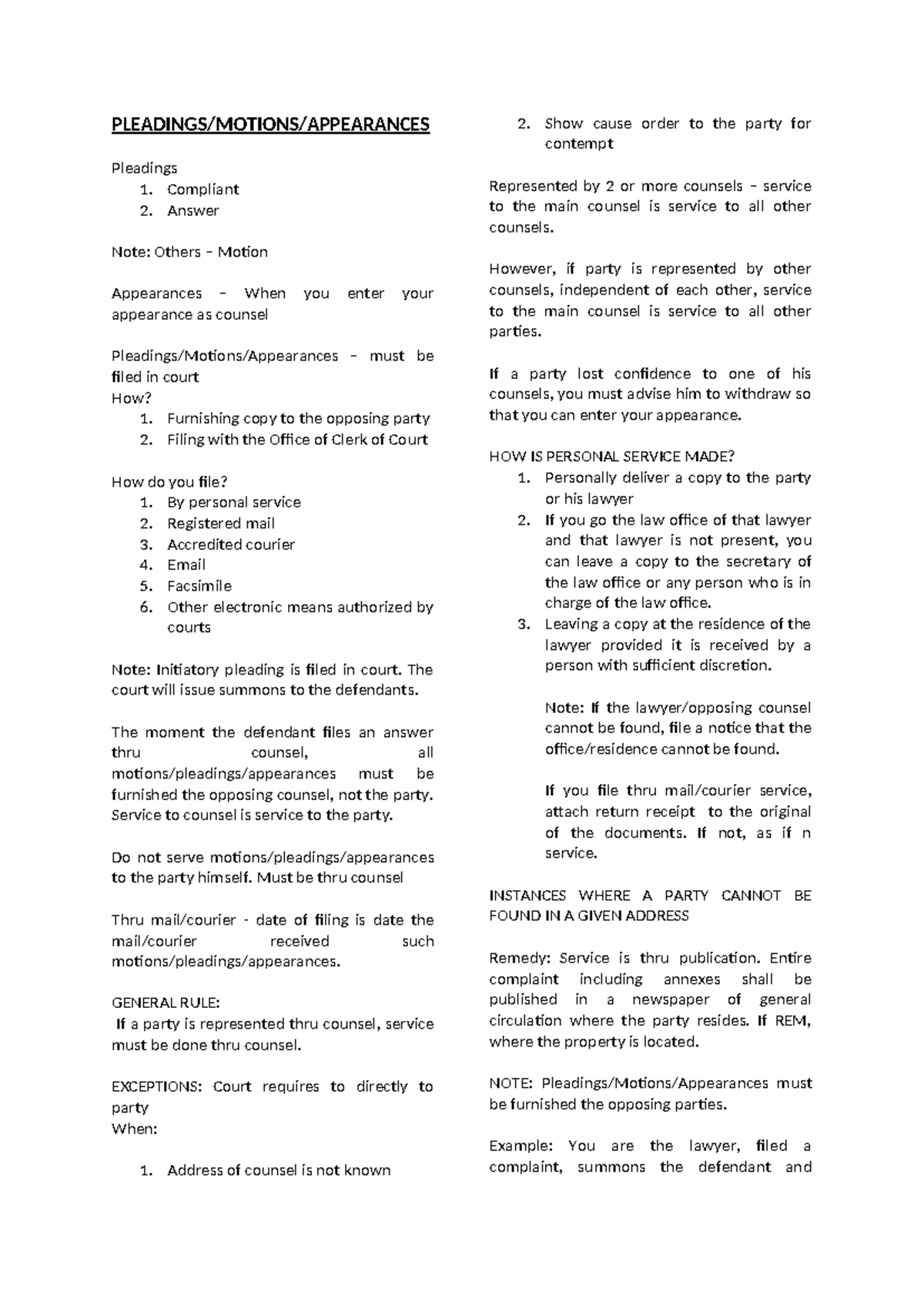 Civil Procedure Notes 1 - PLEADINGS/MOTIONS/APPEARANCES Pleadings 1 ...