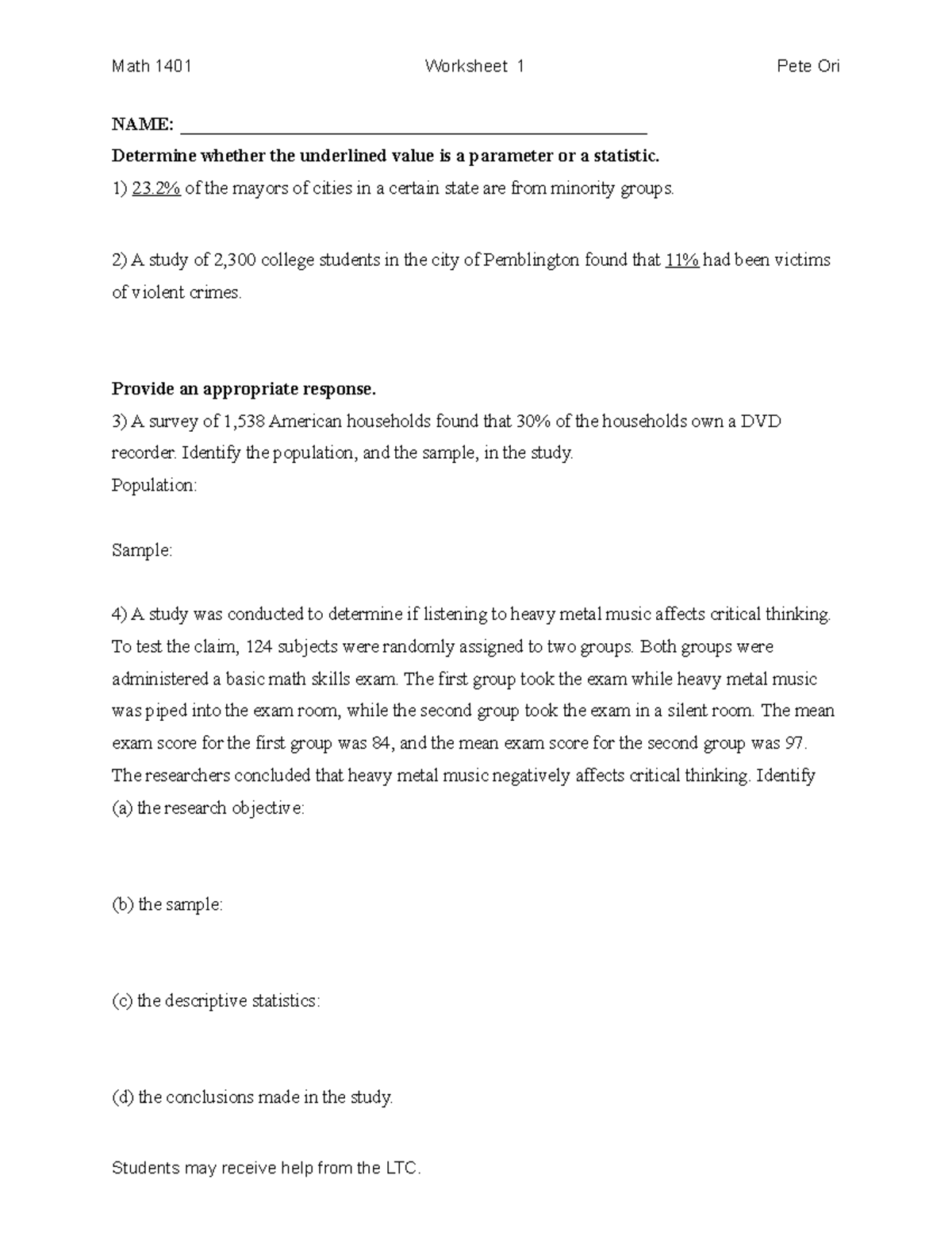 Worksheet 1a questions - Math 1401 Worksheet 1 Pete Ori NAME: - Studocu