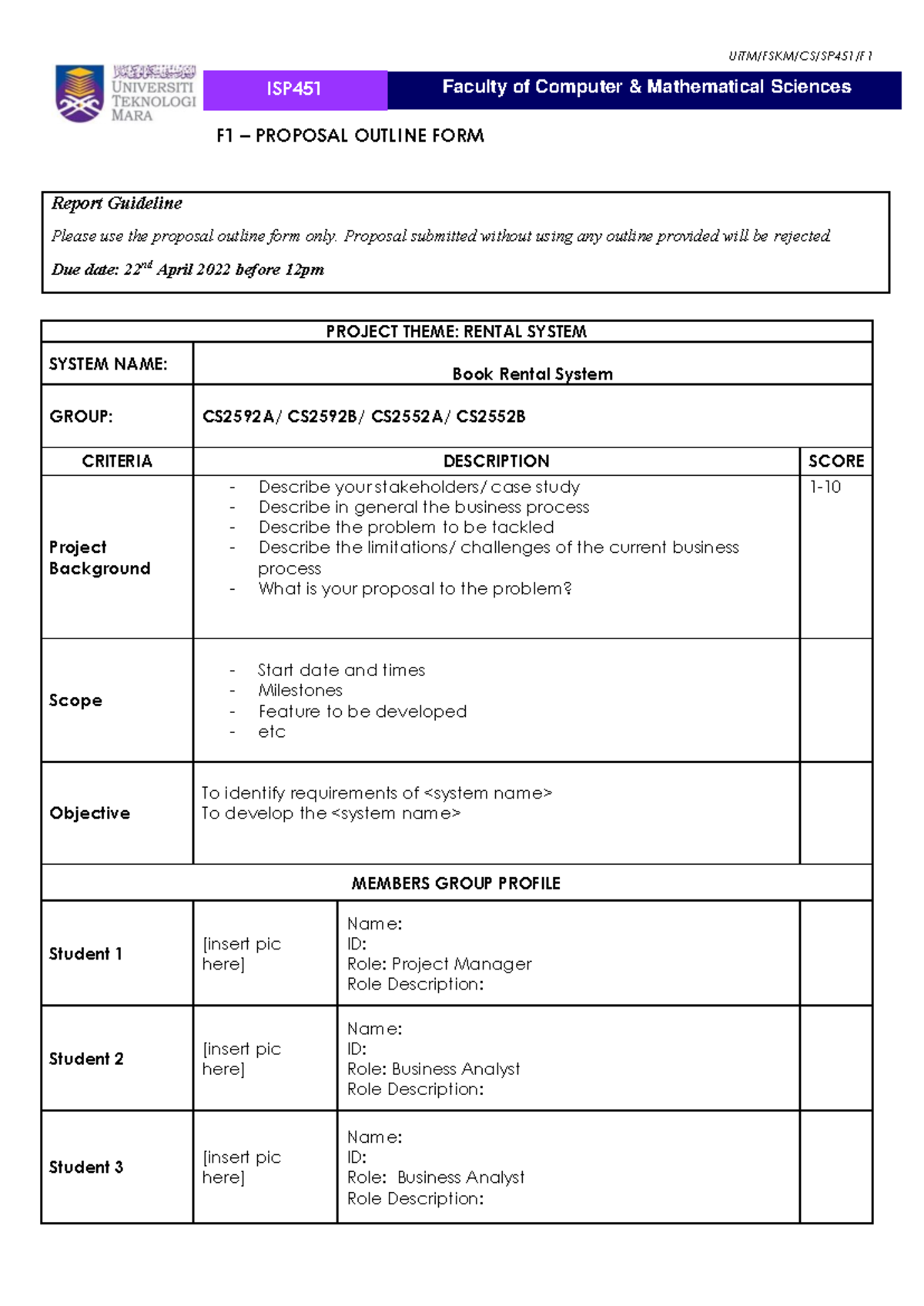 Group Project Proposal F1.MAC 2022 - UiTM/FSKM/CS/SP451/F PROJECT THEME ...