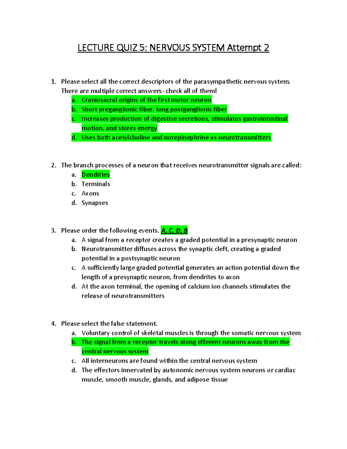 BIOL109 Lecture Quiz 5 Nervous System Attempt 2 - LECTURE QUIZ 5 ...