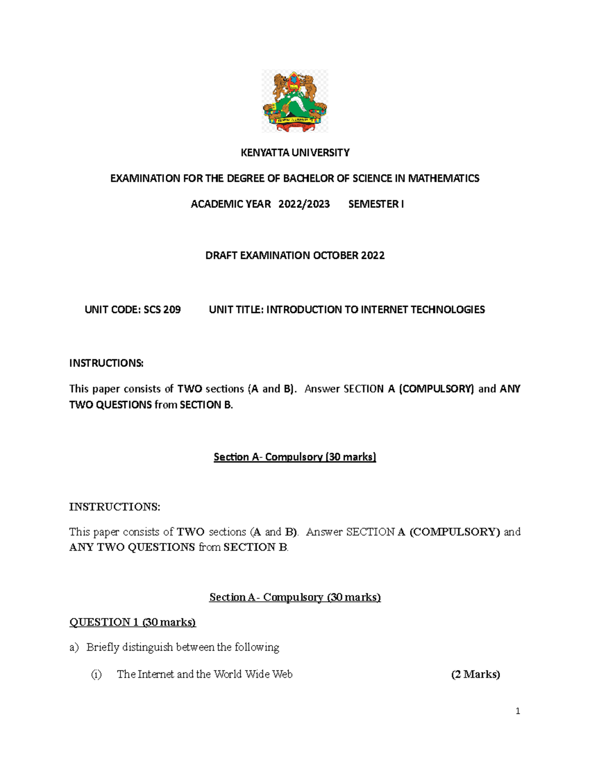 SCS 209 Draft Exam Oct 2022 - KENYATTA UNIVERSITY EXAMINATION FOR THE ...