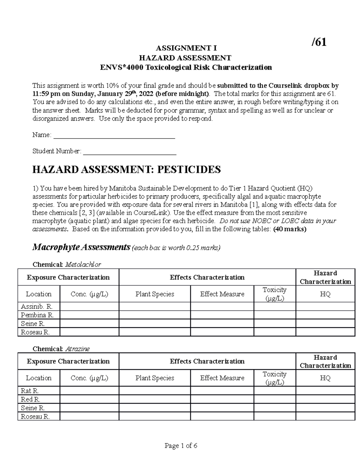 ENVS 4000 Assignment I - Hazard Assessment - updated 2 - ASSIGNMENT I HAZARD ASSESSMENT ENVS ...