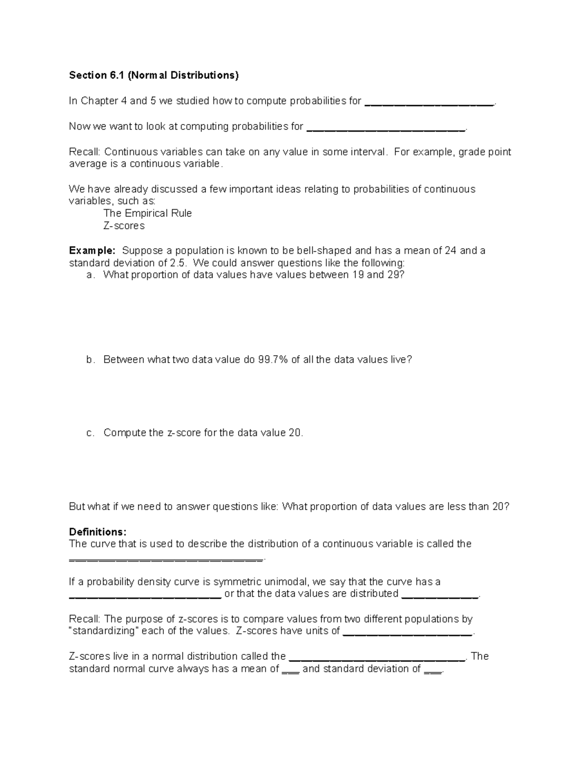 Section 6.1 Notes (Blank) - Section 6 (Normal Distributions) In Chapter ...
