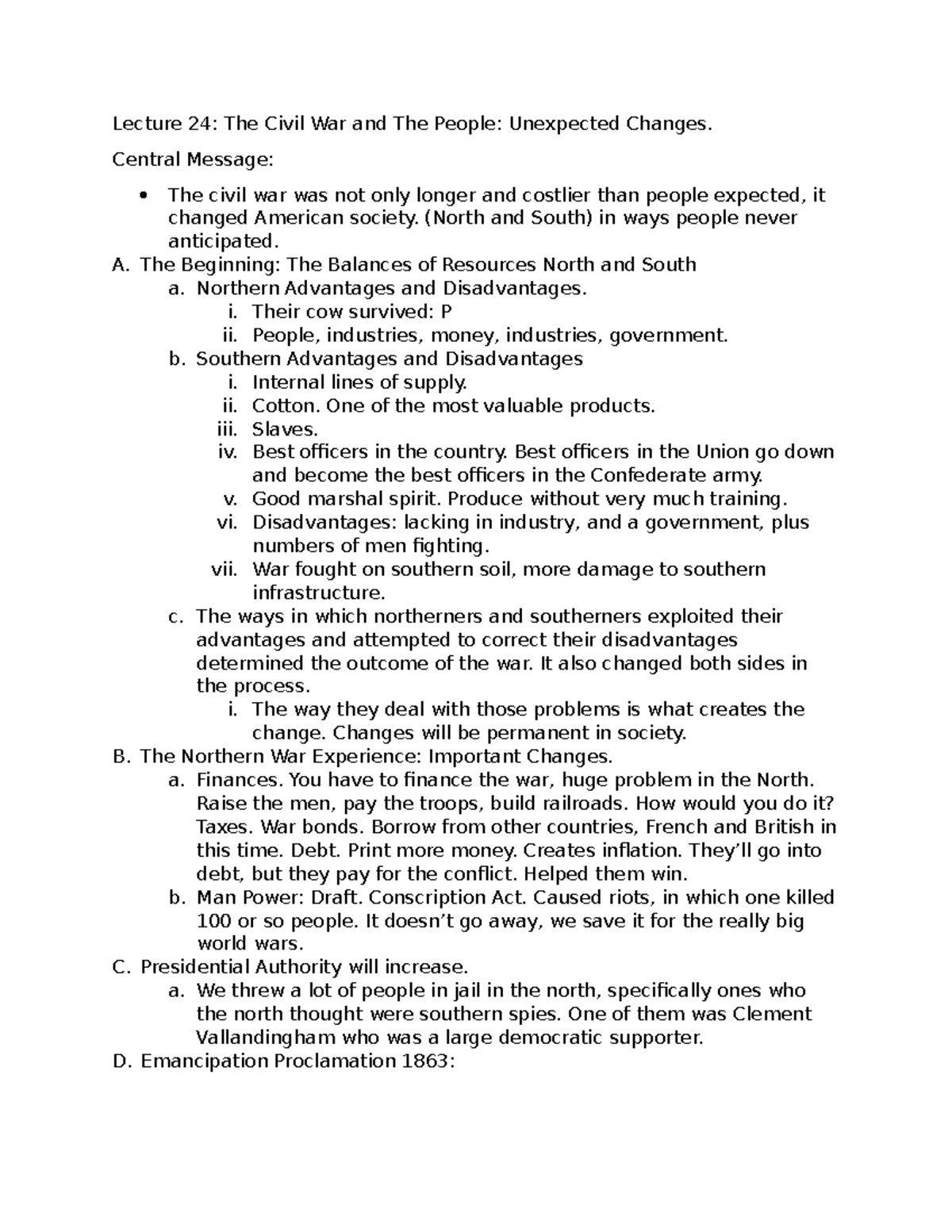 Lecture 24 - The Civil War Continued Notes World History 2111 - Lecture ...