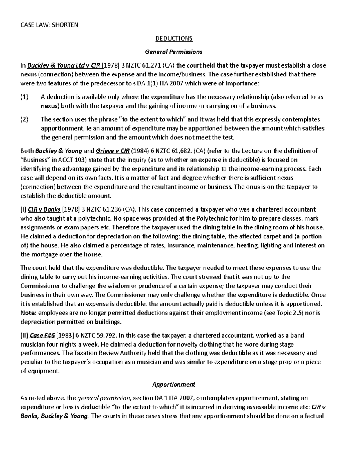 CASE LAW - ACCT254 - important case laws - CASE LAW: SHORTEN DEDUCTIONS ...