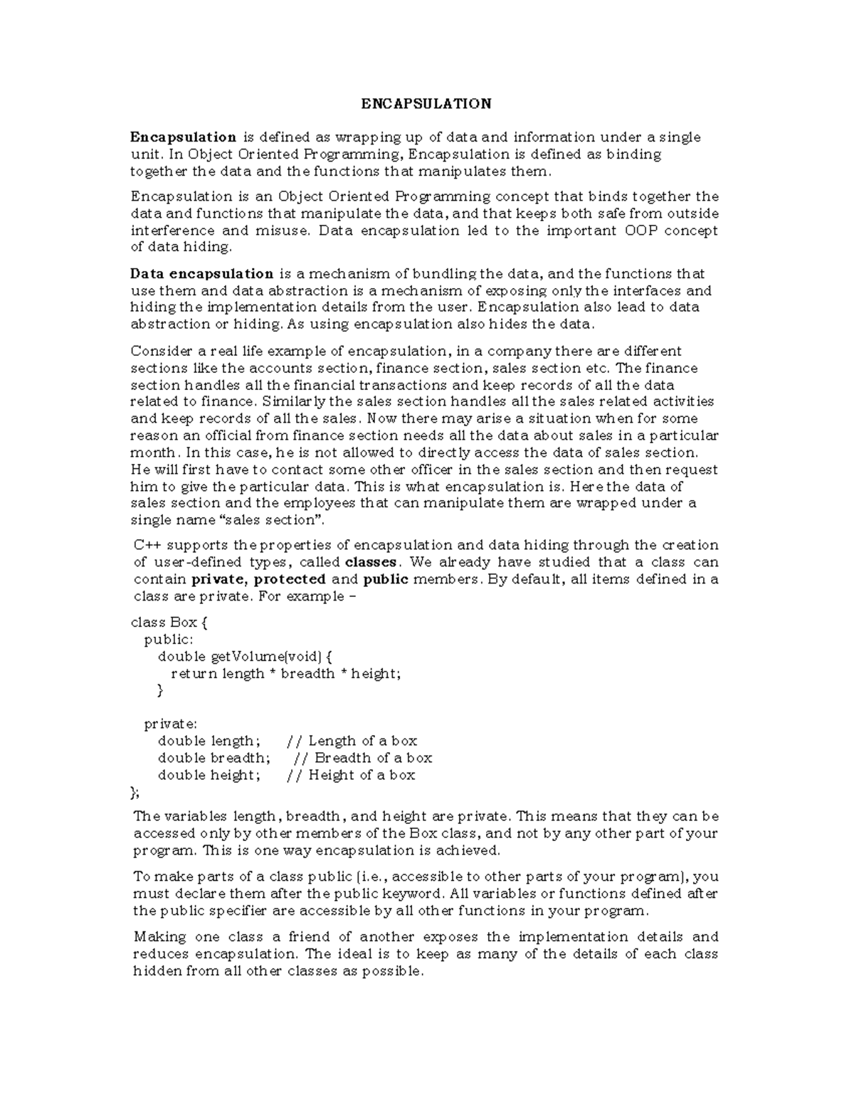 Encapsulation IN C++ - This is for the course outline given to us ...