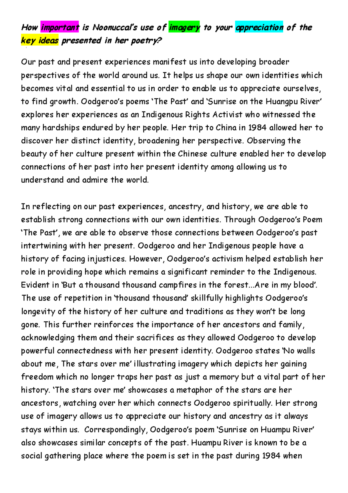 English HSC Draft - Essay Sample - How important is Noonuccal’s use of ...