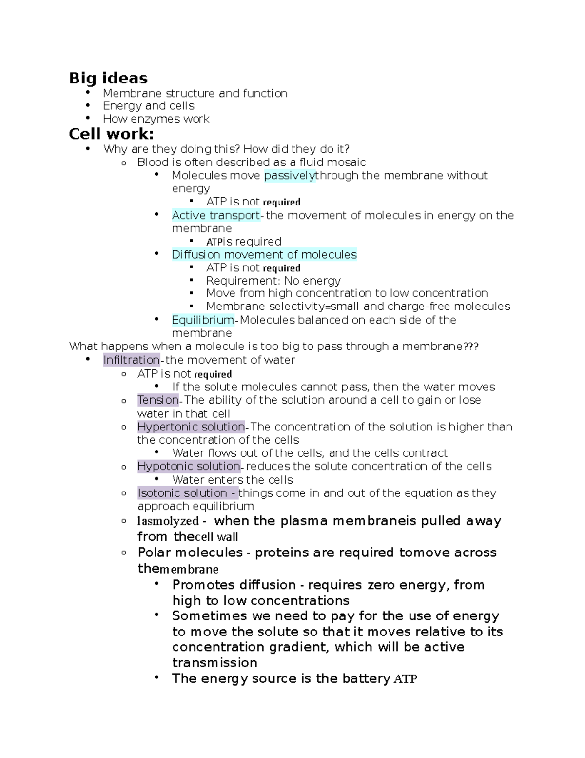 Ch 5 - ch 5 notes - Big ideas Membrane structure and function Energy ...