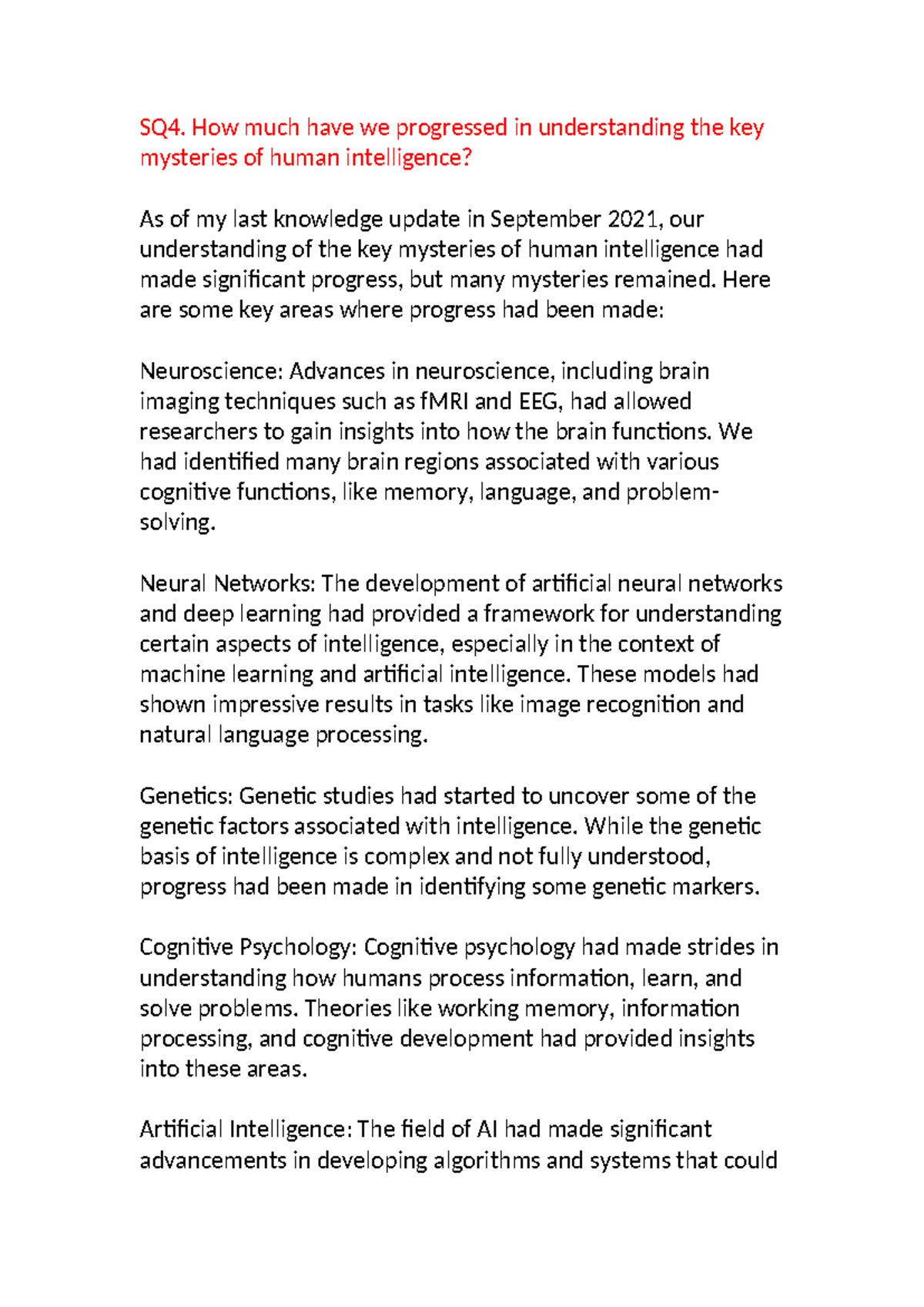SQ4 - outline - SQ4. How much have we progressed in understanding the ...