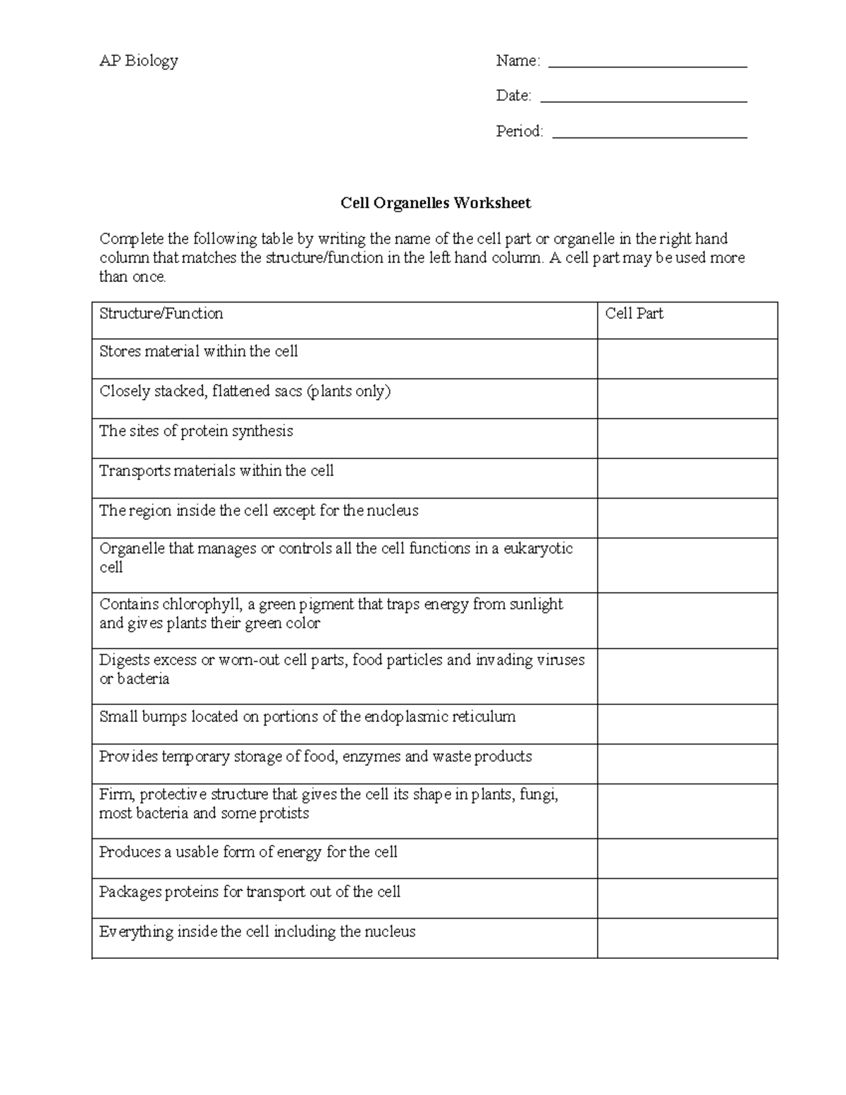 Cell structures ws - Cell Organelle Review - AP Biology Name: Date ...