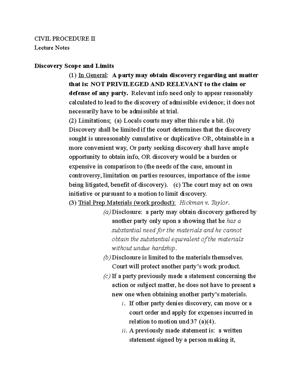 Discovery Scope and Limits - CIVIL PROCEDURE II Lecture Notes Discovery ...