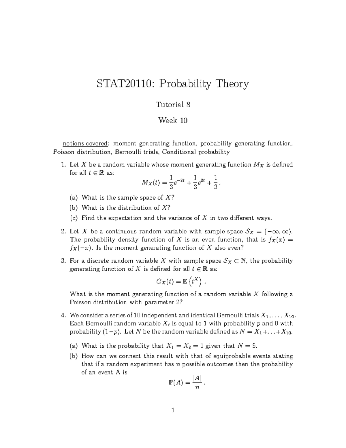 Tutorial 8 - problems - STAT20110: Probability Theory Tutorial 8 Week ...