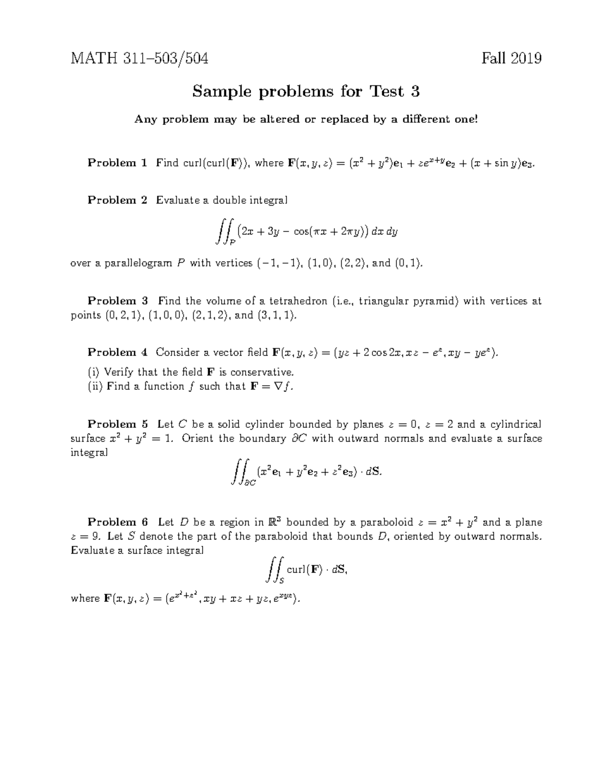 MATH 311 Sample Problems for Exam 3 Fall 2019 - MATH 311–503/504 Fall 2019 Sample problems for ...