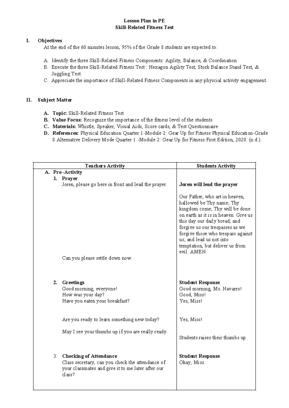 Navarro Detailed Lesson PLAN PRE DEMO - Lesson Plan in PE Skill-Related ...