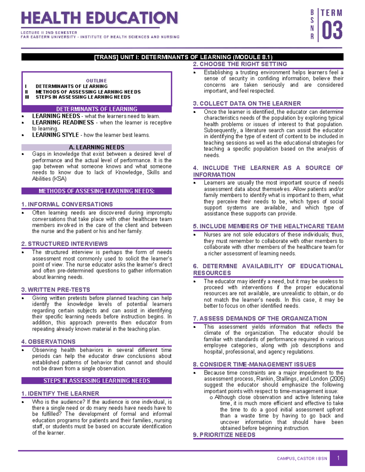 Health EDUC LEC#8.1 Determinants OF Learning - CAMPUS, CASTOR I BSN 1 ...