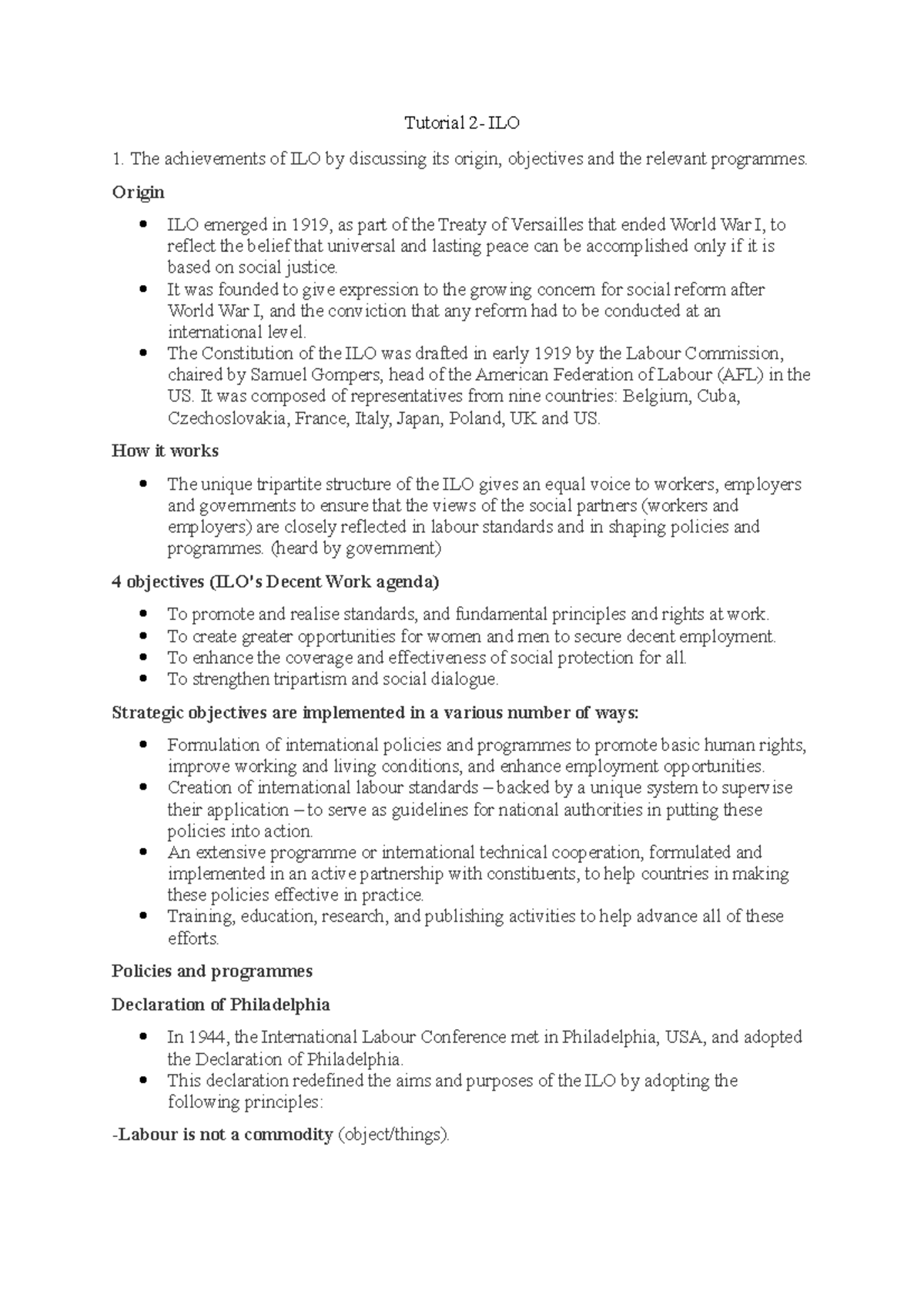 Tutorial 2 ILO Ans - Tutorial 2- ILO The achievements of ILO by ...