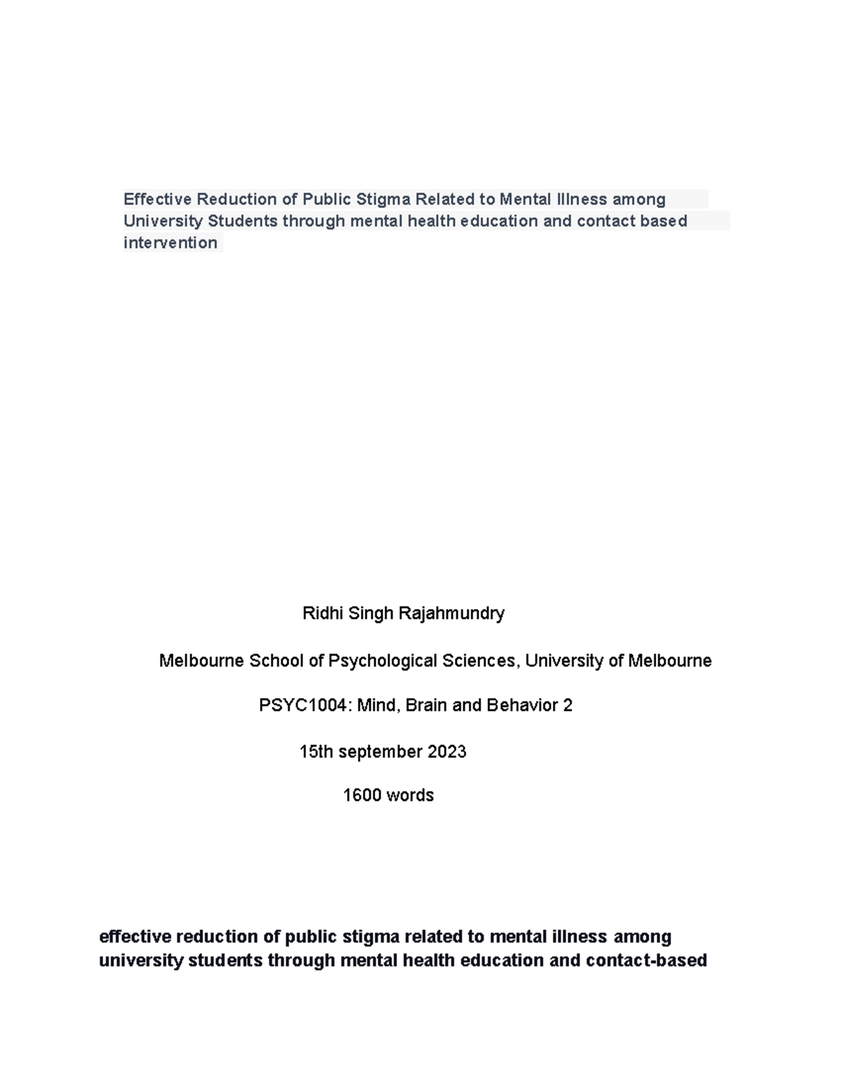 Effective Reduction of Public Stigma Related to Mental Illness among ...