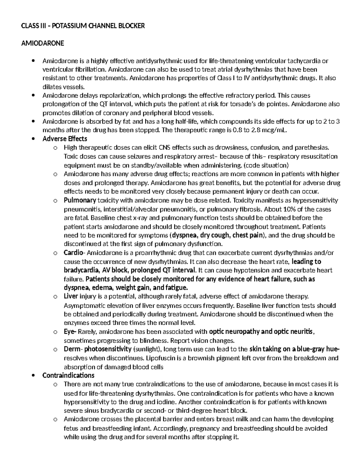 NUR 255 - Amiodarone - Lecture Notes for 255 - CLASS III - POTASSIUM ...