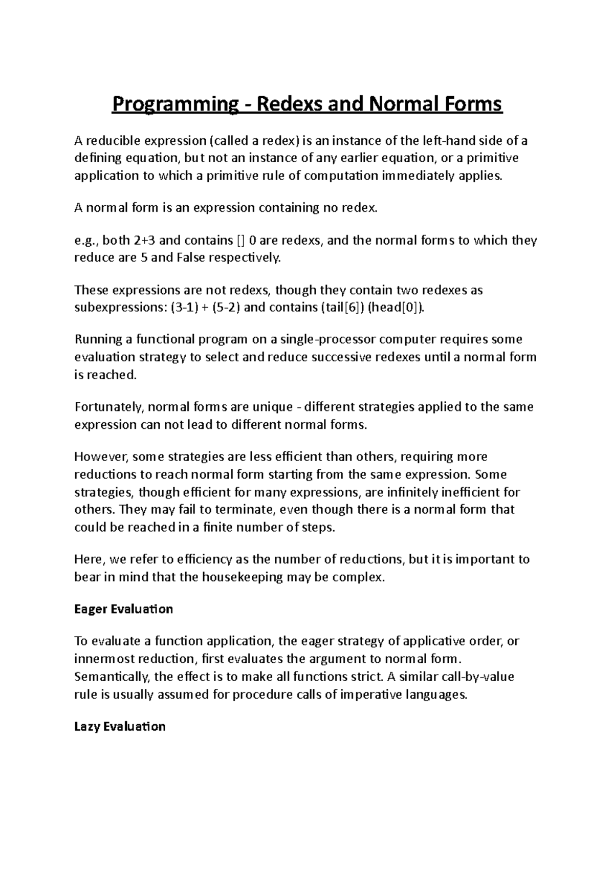 Programming - Redexs and Normal Forms - COMP1766 - GRE - Studocu
