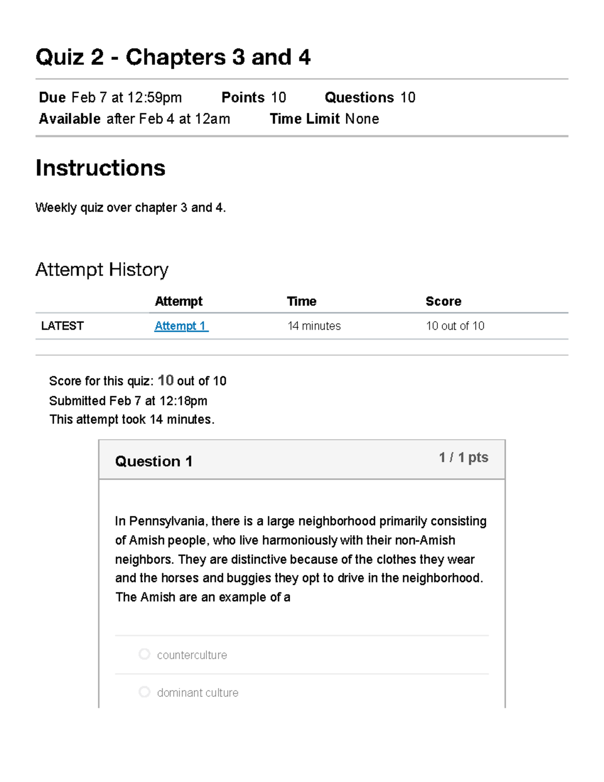 Quiz 2 - Chapters 3 and 4 - SOCY100-0501- Introduction to Sociology ...