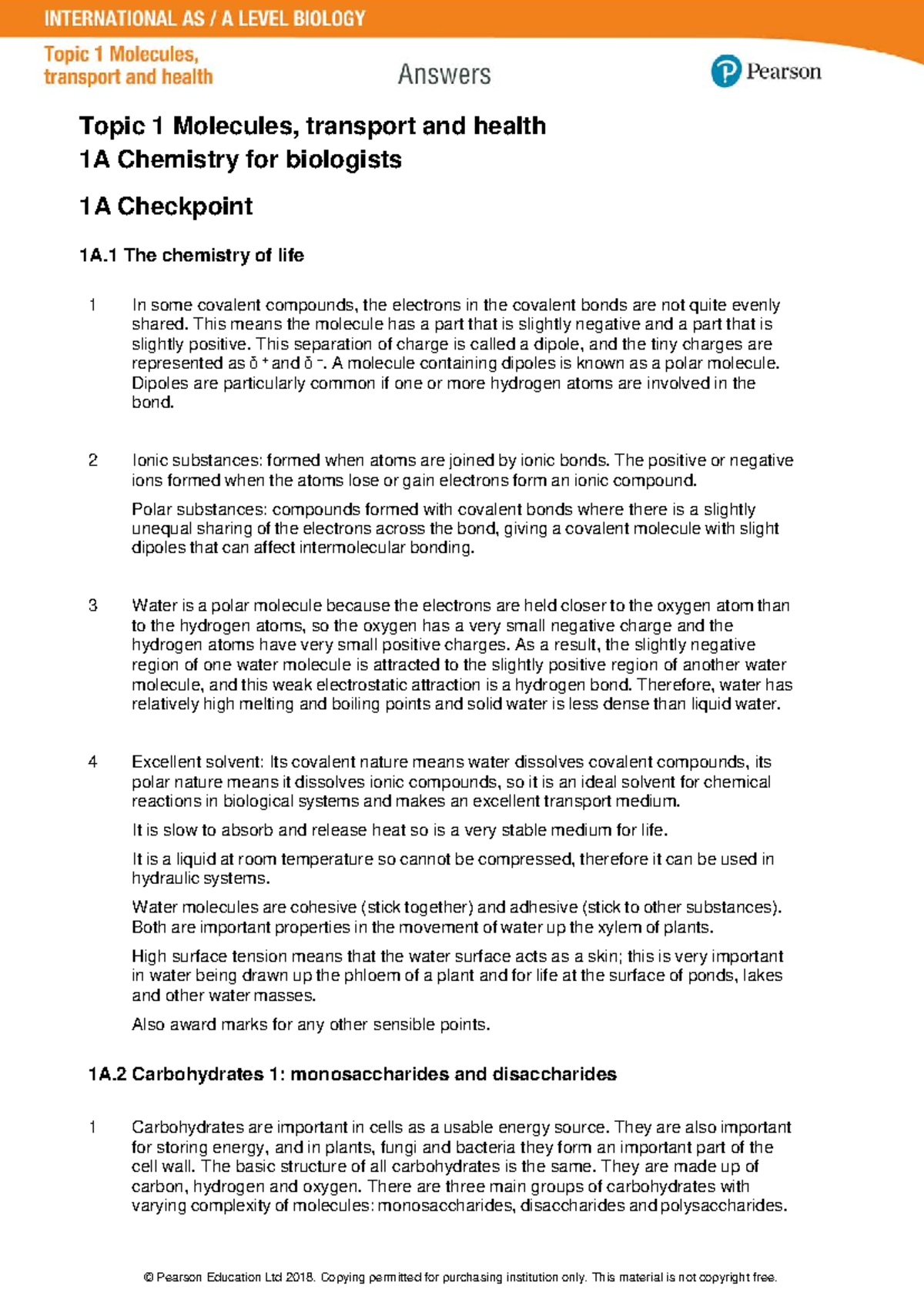 IAS biology SB1 answers - Topic 1 Molecules, transport and health 1A ...