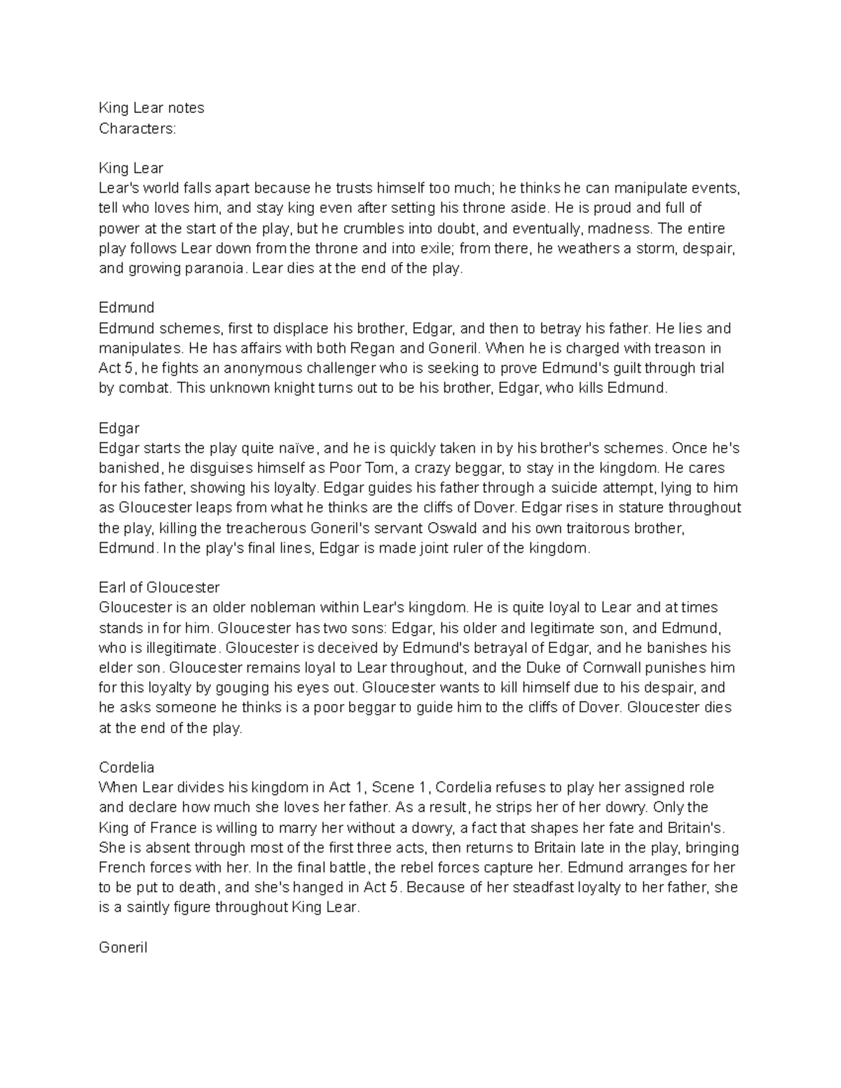 King Lear notes - King Lear notes Characters: King Lear Lear's world ...