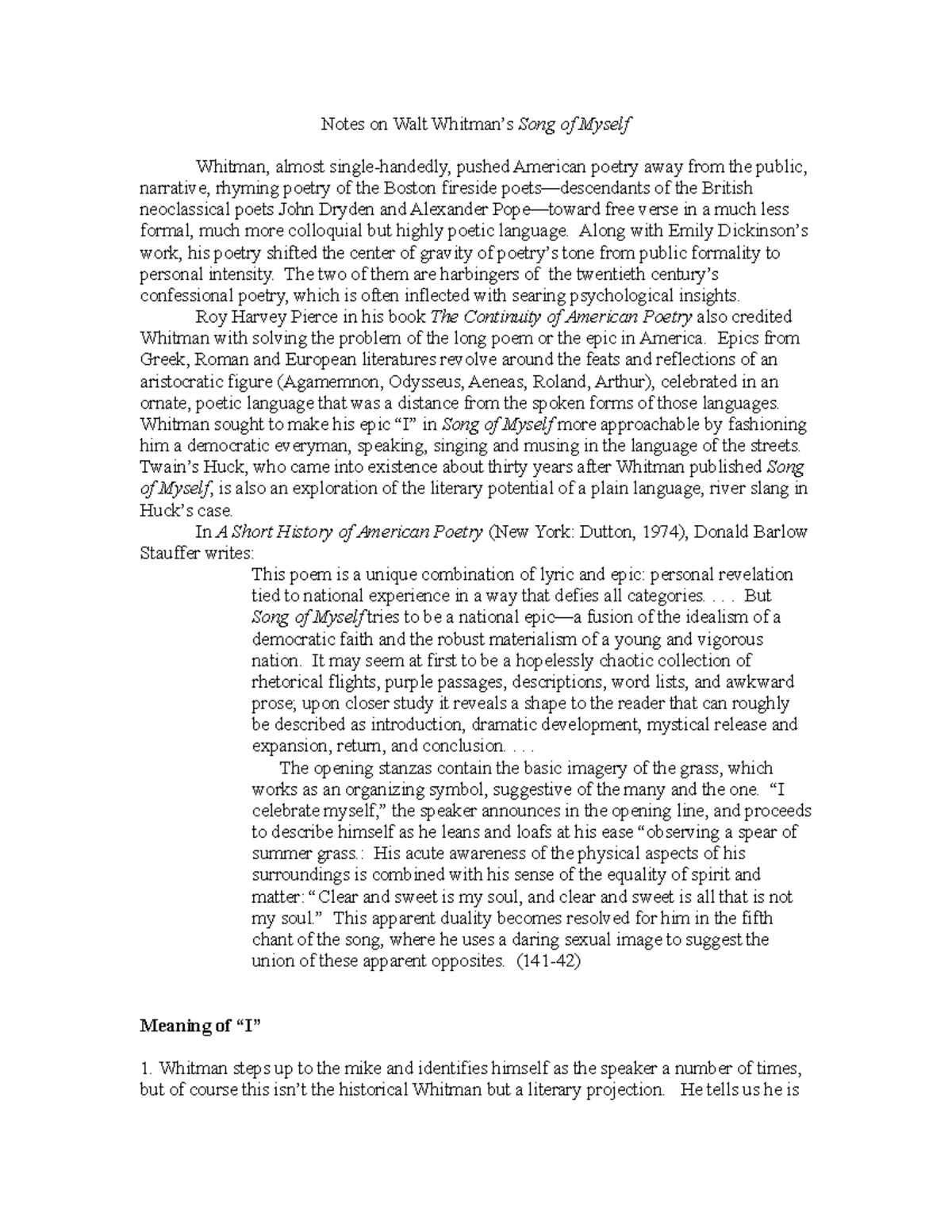 Notes on Whitman - lecture - Notes on Walt Whitman’s Song of Myself ...