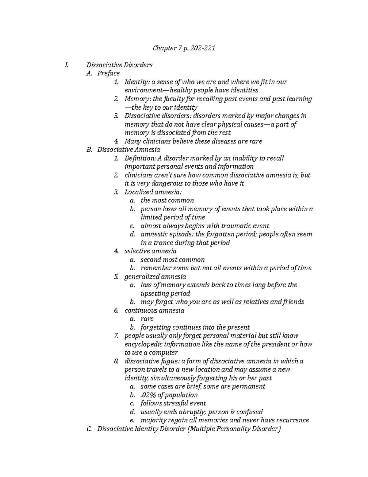 Chapter 7 part 2 - Chapter 7 p. I. Dissociative Disorders A. Preface 1 ...