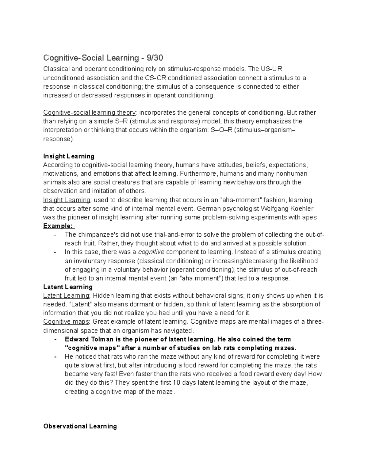 PSY 110 Notes - 9/30 - Cognitive-Social Learning - 9/ Classical and ...