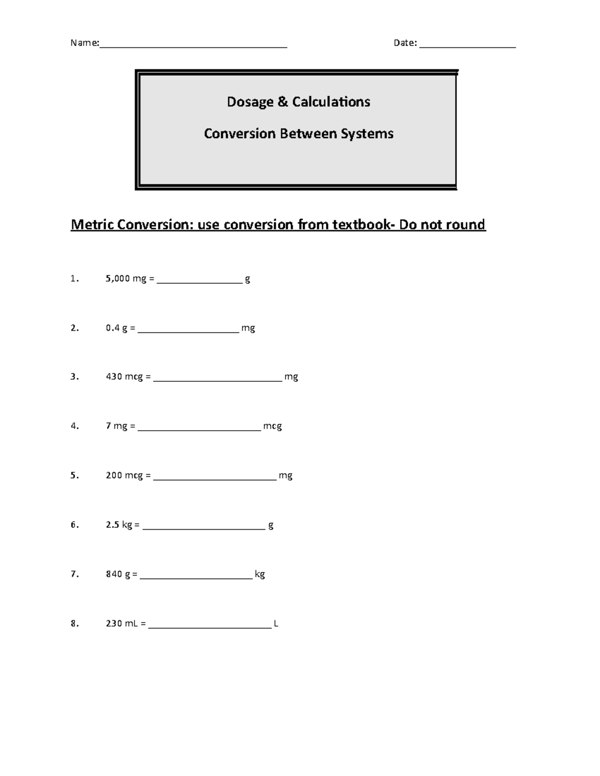 Conversion Between Systems - Dosage & Calculations Conversion Between ...