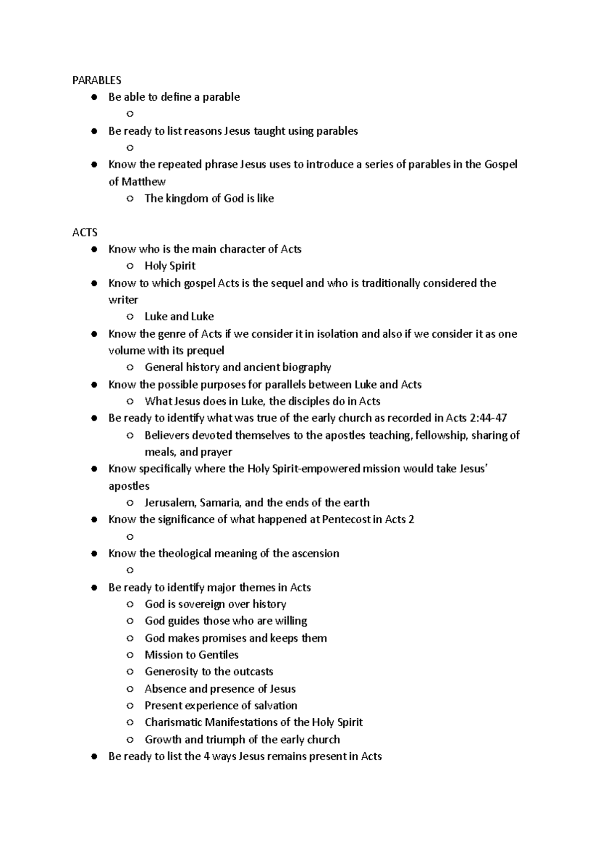 NT Exam 2 Study Guide - PARABLES Be able to define a parable Be ready ...