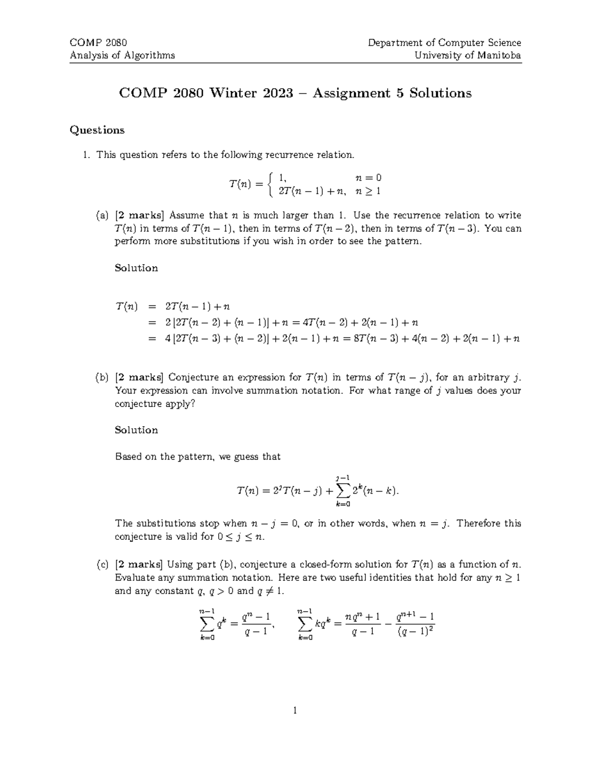 COMP2080 A5 Winter 2023 sol - Analysis of Algorithms University of Manitoba COMP 2080 Winter ...