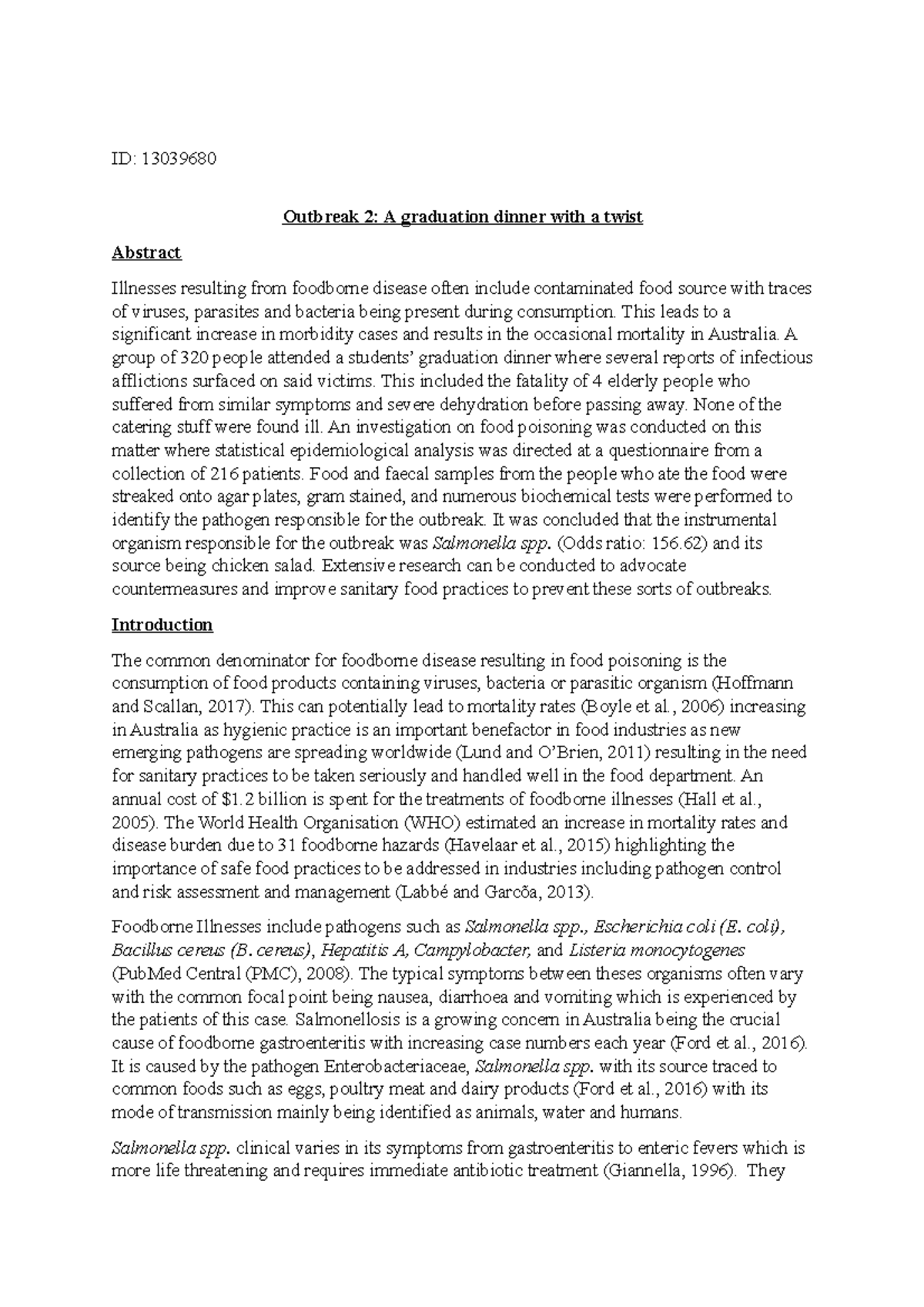 EPI Outbreak 2 Report - ID: 13039680 Outbreak 2: A graduation dinner ...