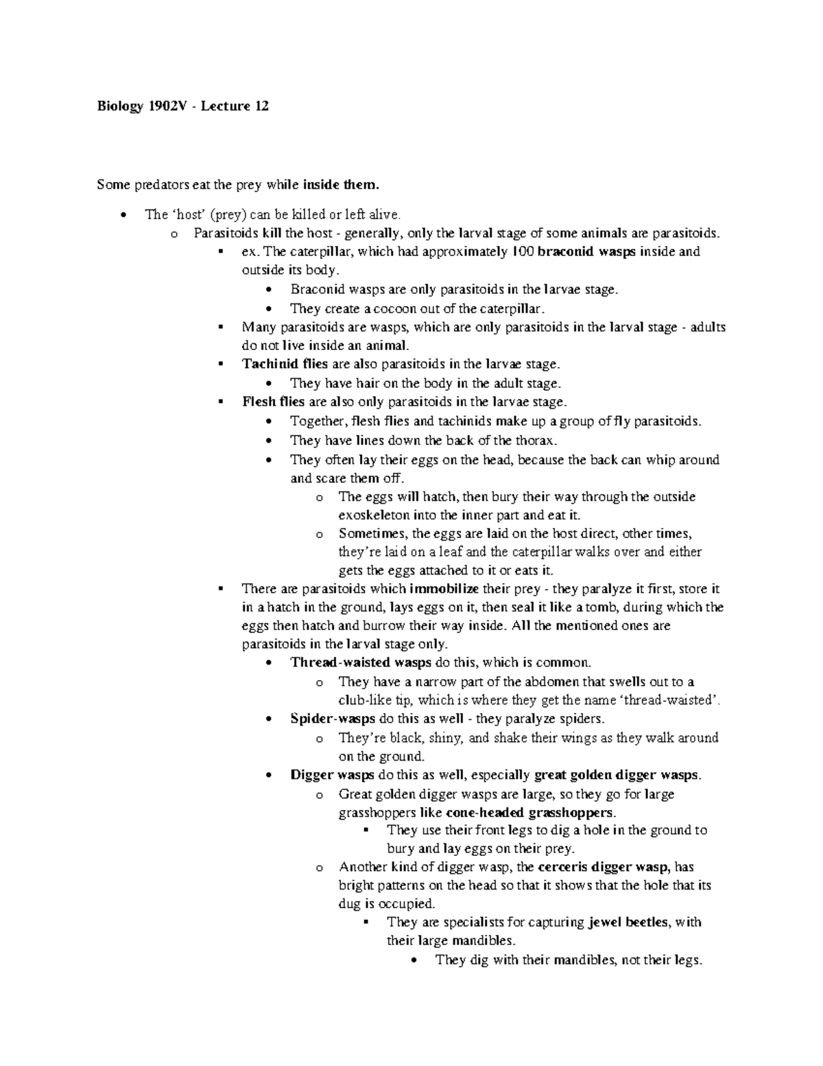 Natural Biology Lecture 12 - Biology 1902V - Lecture 12 Some predators ...