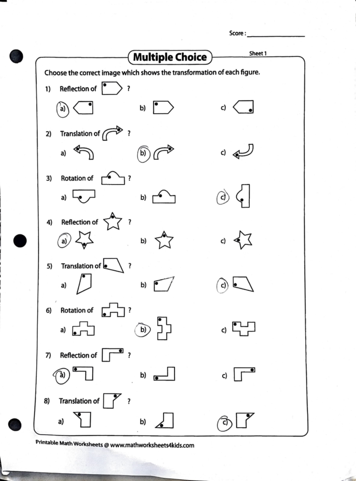 Transition of Shapes Homework - Score: • Multiple Choice Sheet 1 Ch~ose ...