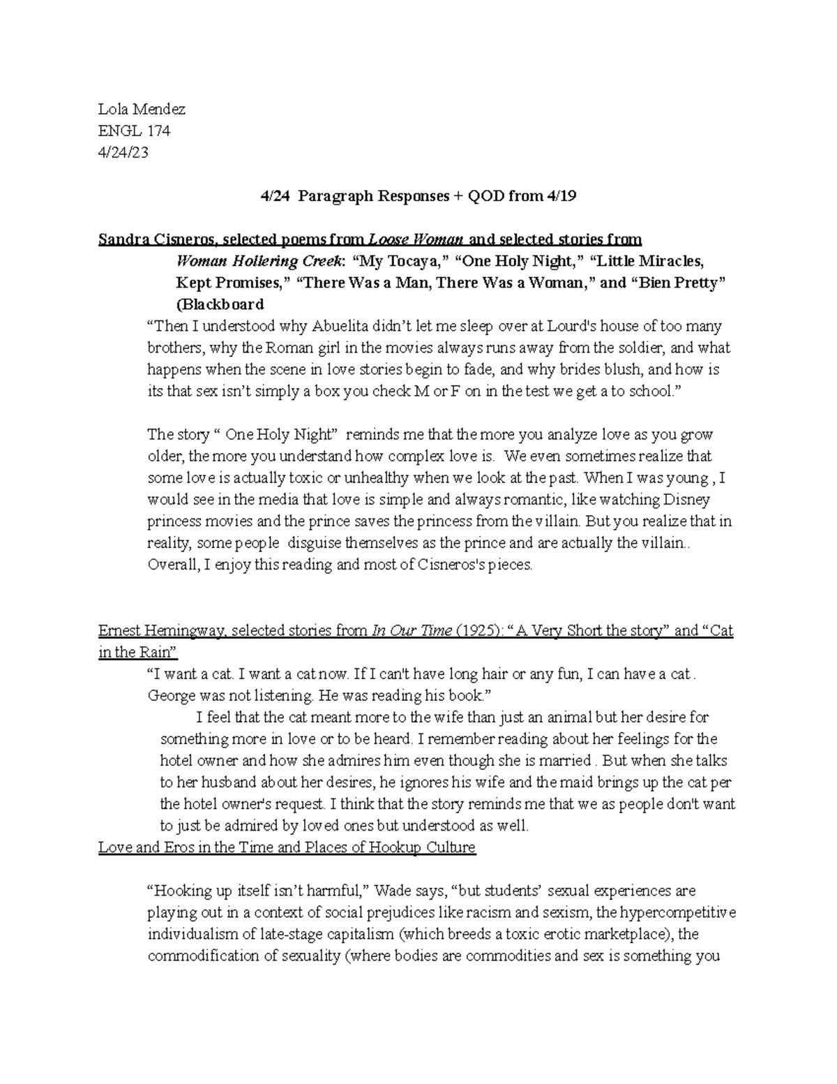4 24 Paragraph Responses + QOD from 4 20 - Lola Mendez ENGL 174 4/24/ 4 ...
