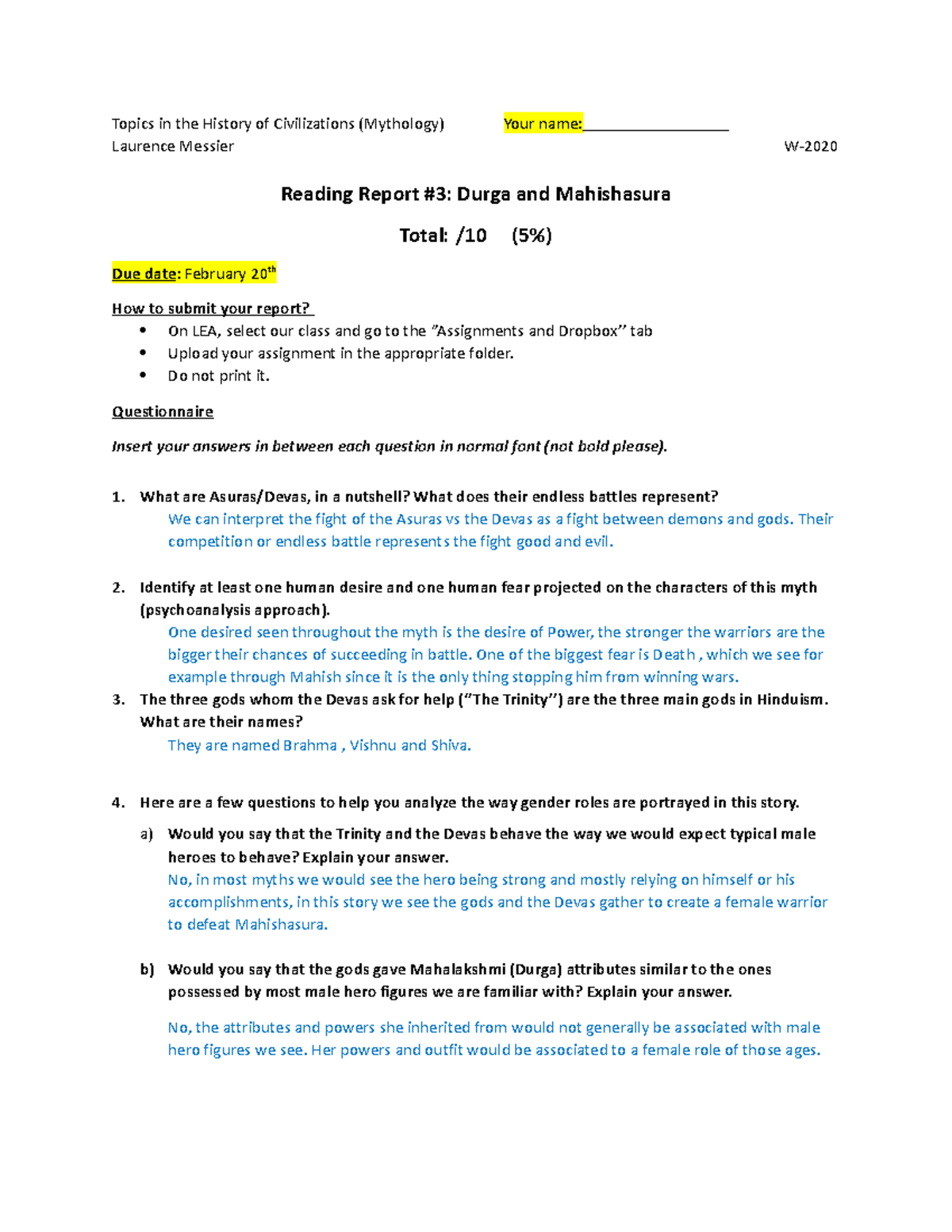 Reading Report 3 Durga - assignment - Topics in the History of Civilizations (Mythology) Your ...