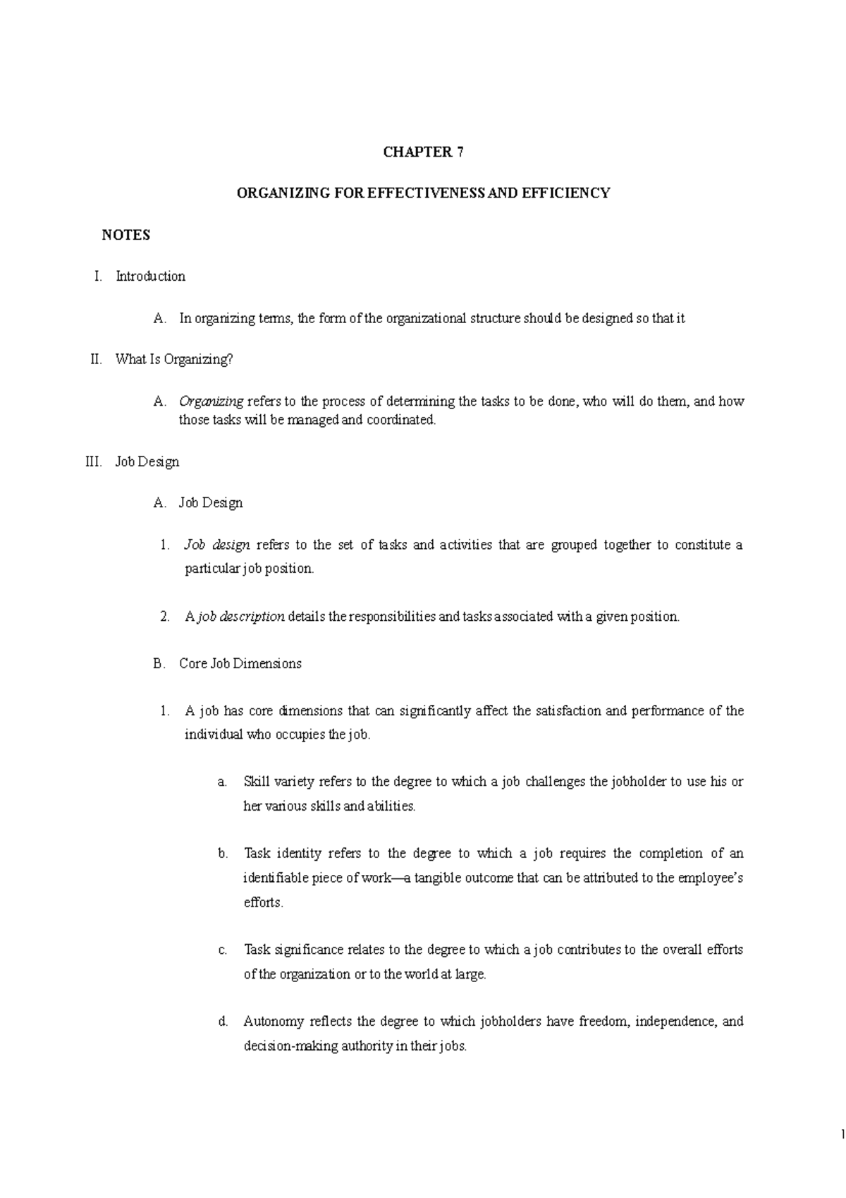 CH7 Summary FOR Students - CHAPTER 7 ORGANIZING FOR EFFECTIVENESS AND ...