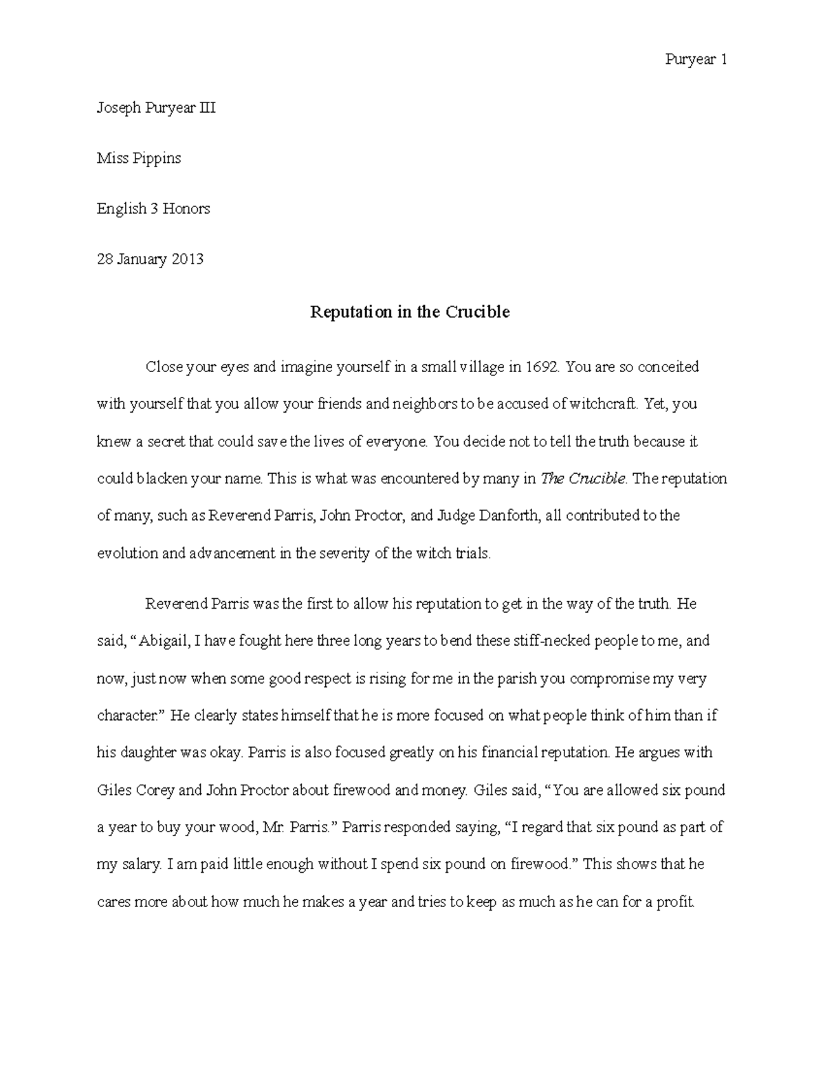 Reputation in the Crucible - Puryear 1 Joseph Puryear III Miss Pippins ...
