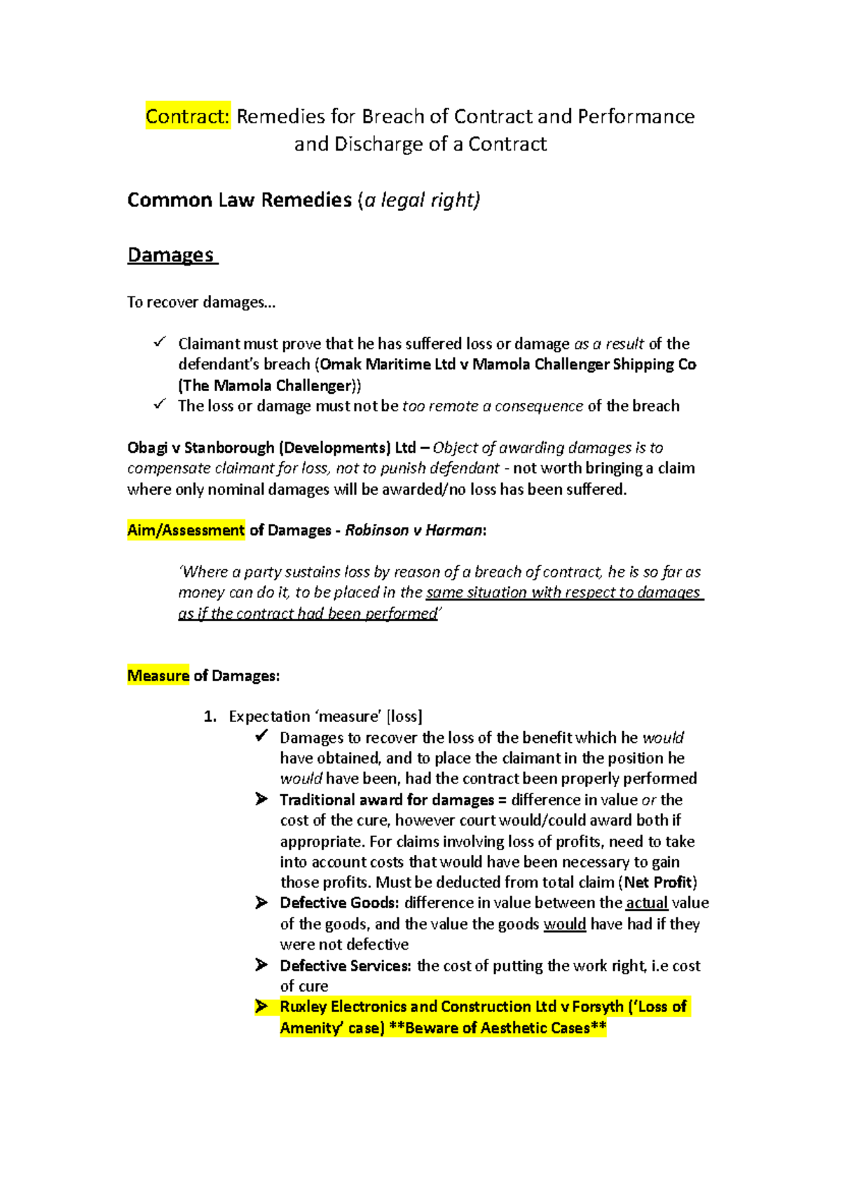 Contract 4 - Damages - Remedies for Breach - Contract: Remedies for ...