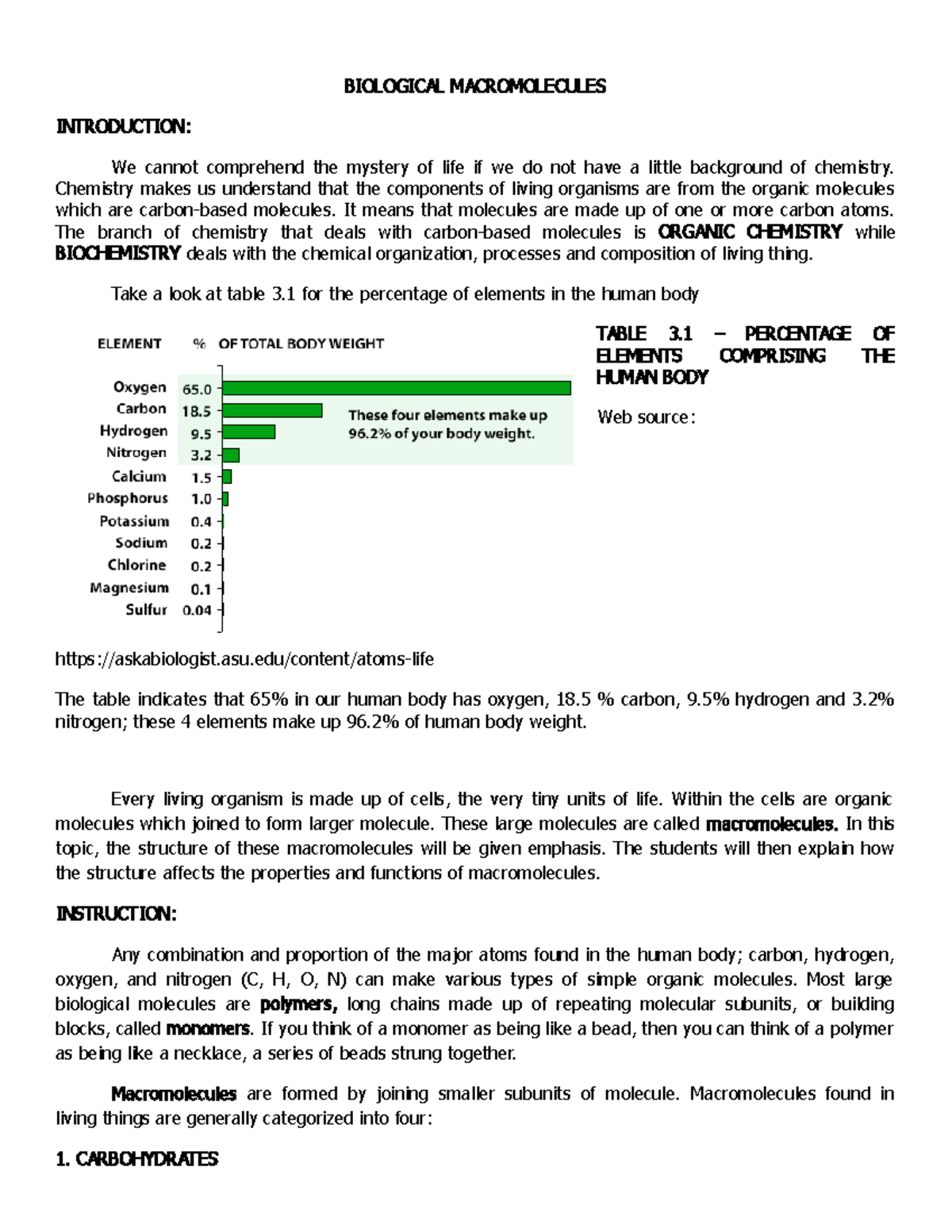 Biological Macromolecules - BIOLOGICAL MACROMOLECULES INTRODUCTION: We ...