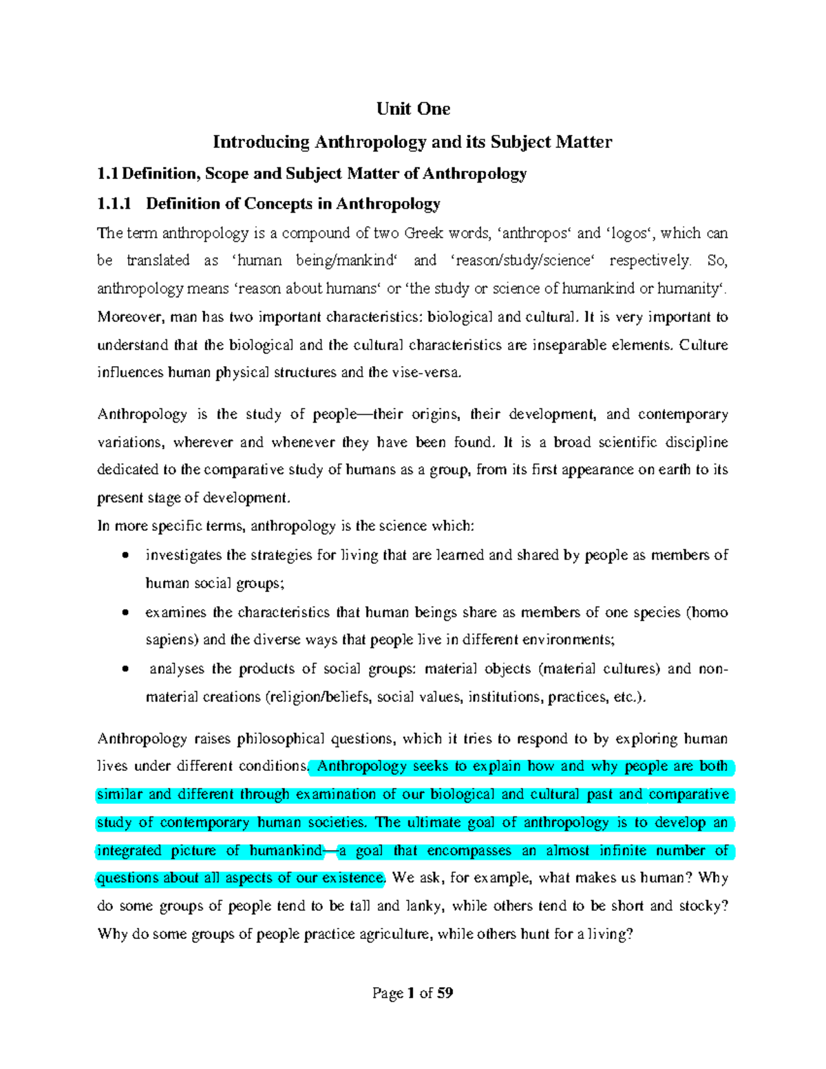 Anthropology Handout-1 - Copy - Unit One Introducing Anthropology and ...