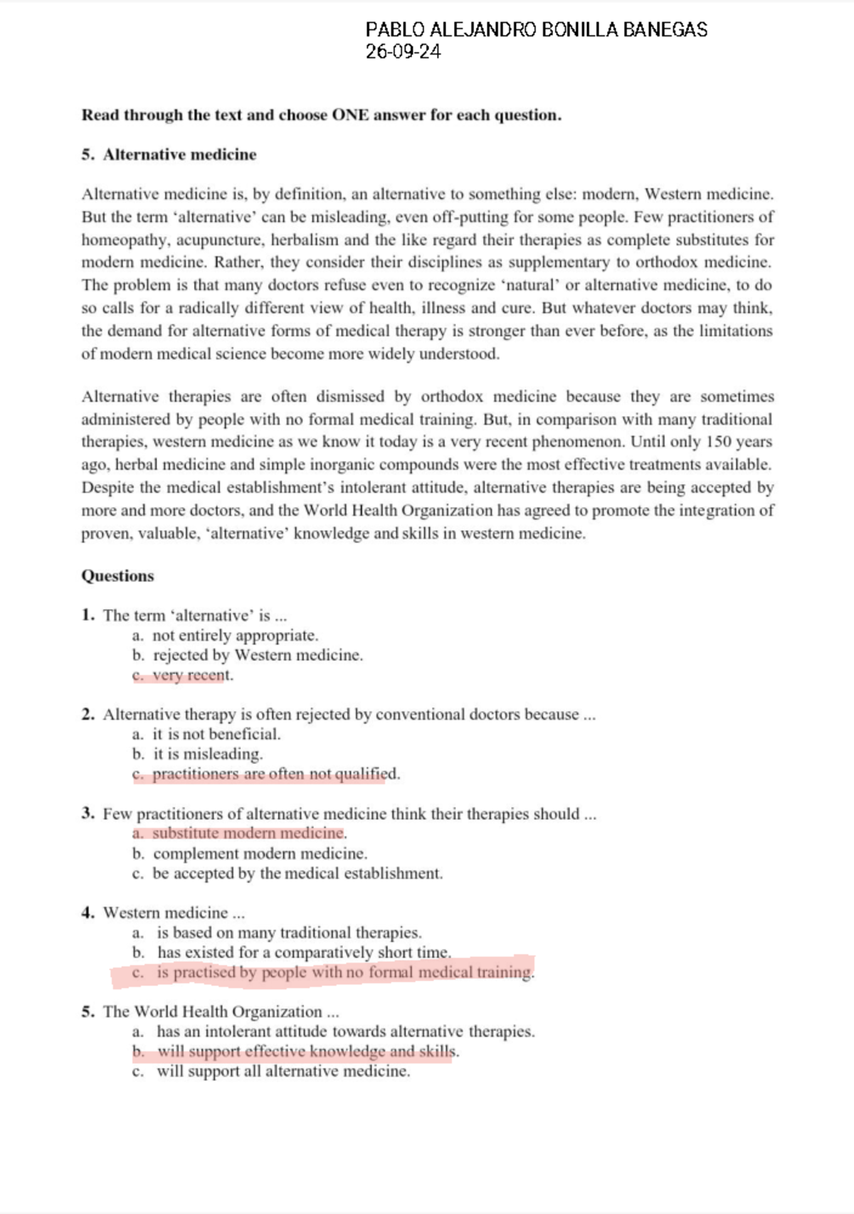 Reading comprehension - Read through the text and choose ONE answer for ...