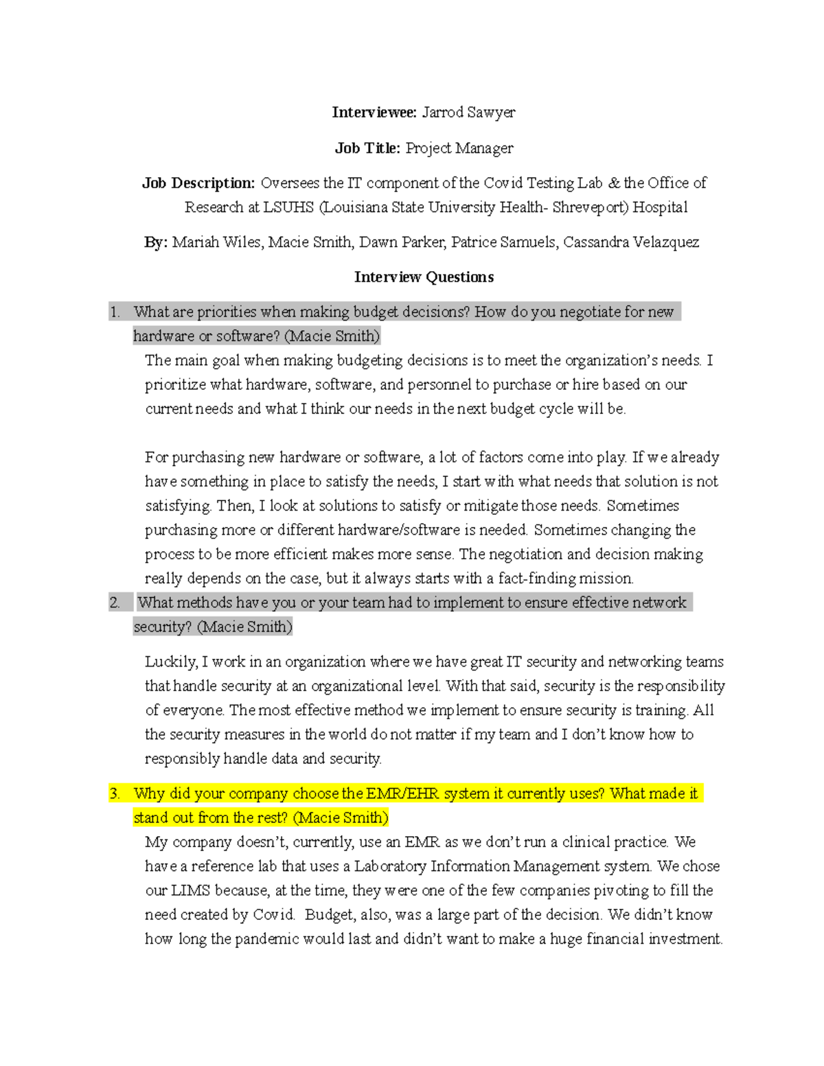 Information Systems Integration Project-Part 1 - Interviewee: Jarrod ...