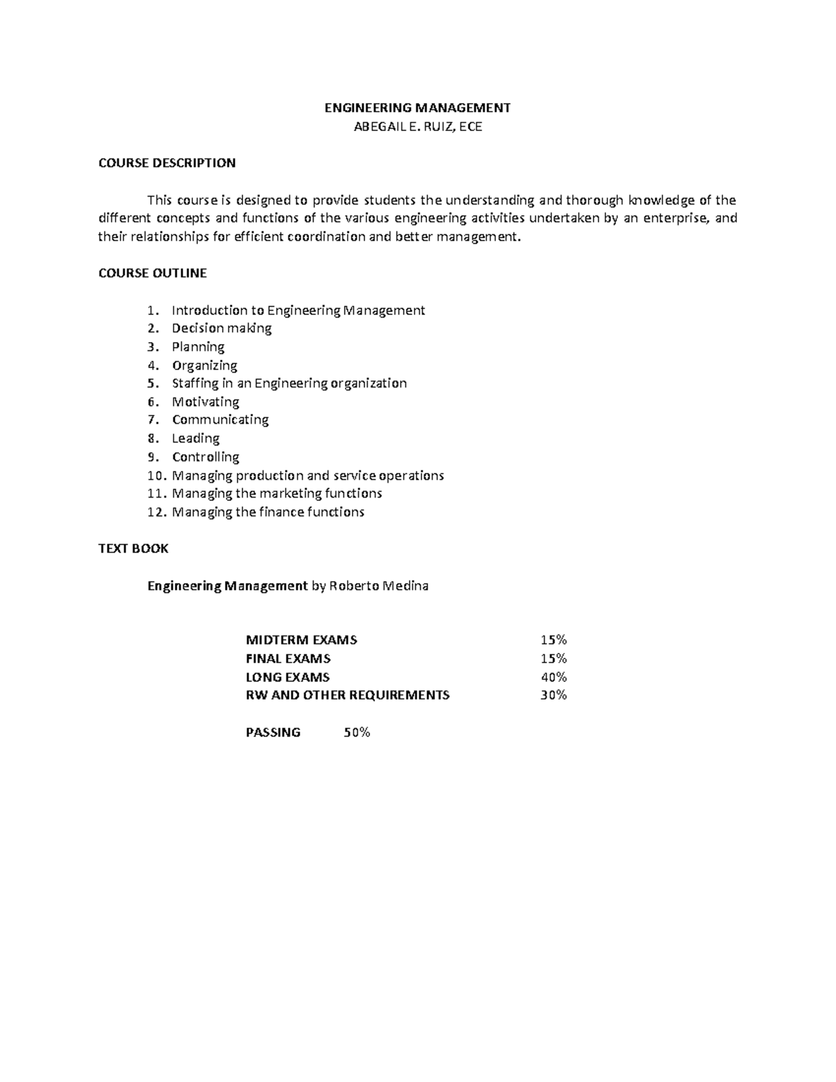 IE-113 Finals - trfgyjukhljk - ENGINEERING MANAGEMENT ABEGAIL E. RUIZ ...