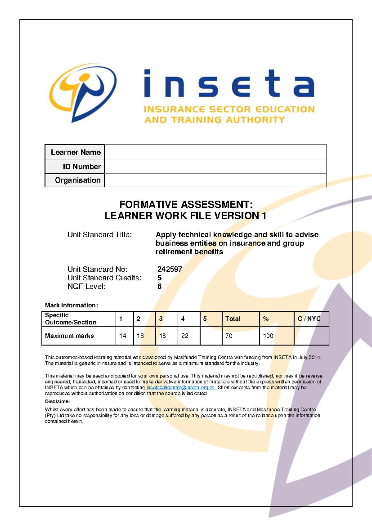 Learner Work File 242597 V1 - Learner Name ID Number Organisation ...