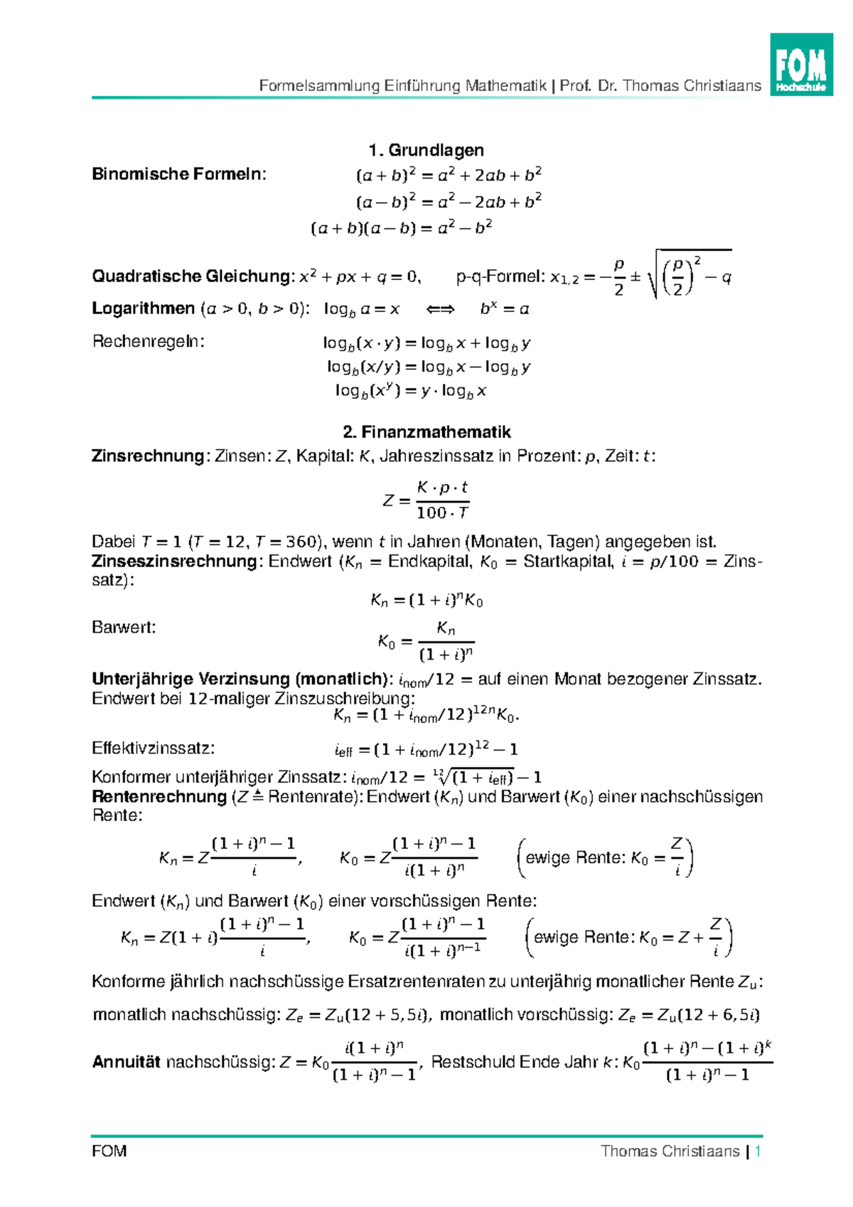 Formelsammlung für Einführung Mathematik - Formelsammlung Einf ̈uhrung ...