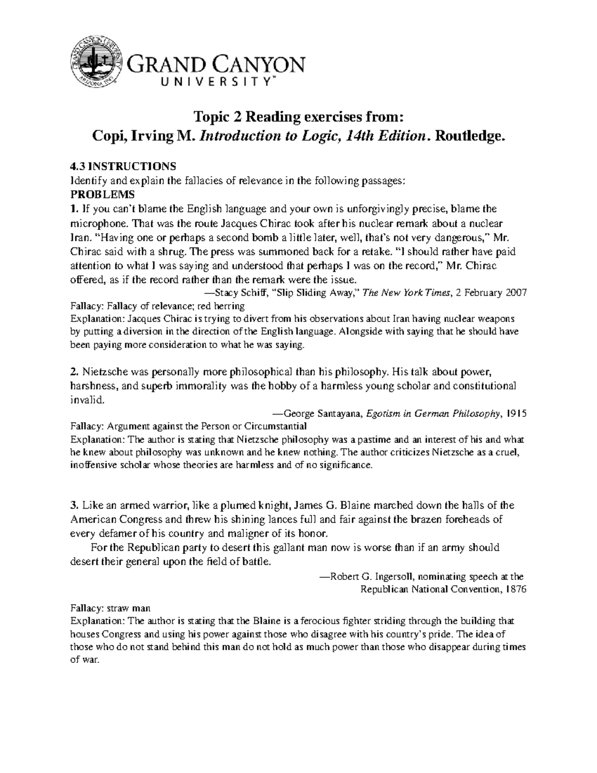 COM362 T2 Reading Exercises - Topic 2 Reading exercises from: Copi, Irving M. Introduction to ...