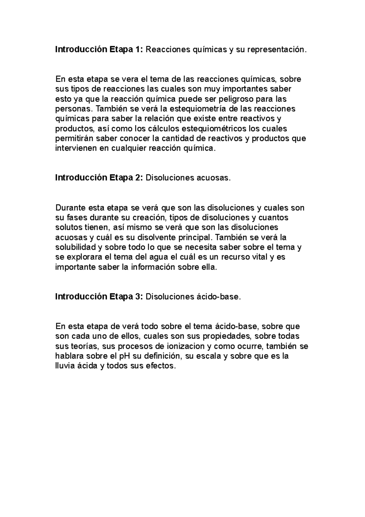 Introducciones y reflexión - Introducción Etapa 1: Reacciones químicas ...