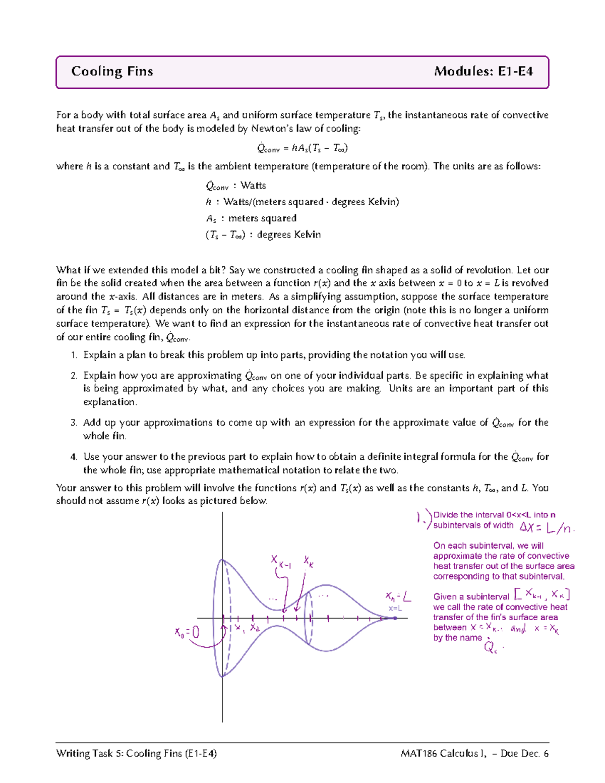 MAT186 writing task 5 - Solution - Cooling Fins Modules: E1-E For a ...